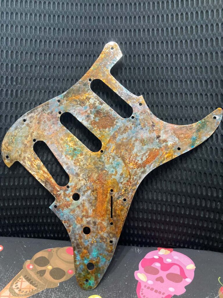 Relic Steel Strat Pickguard with unique patina and patterns. Easy ...